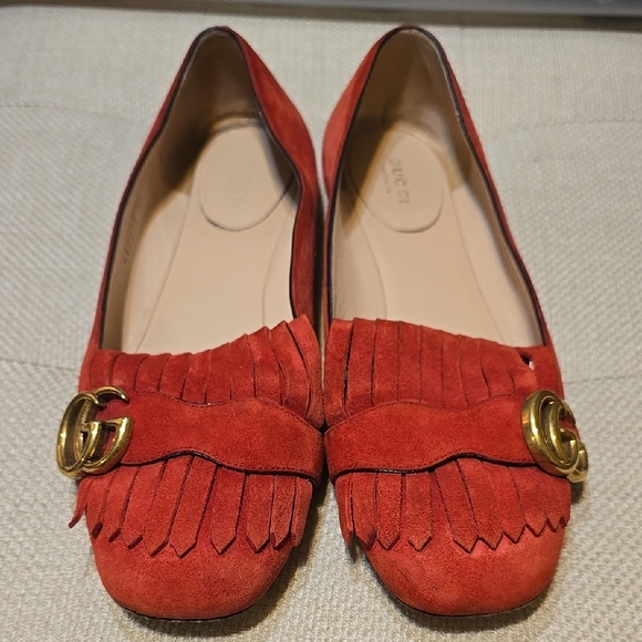 Gucci | Shoes | Authentic Gucci Red Gold Marmont Suede Fringe Loafers ...